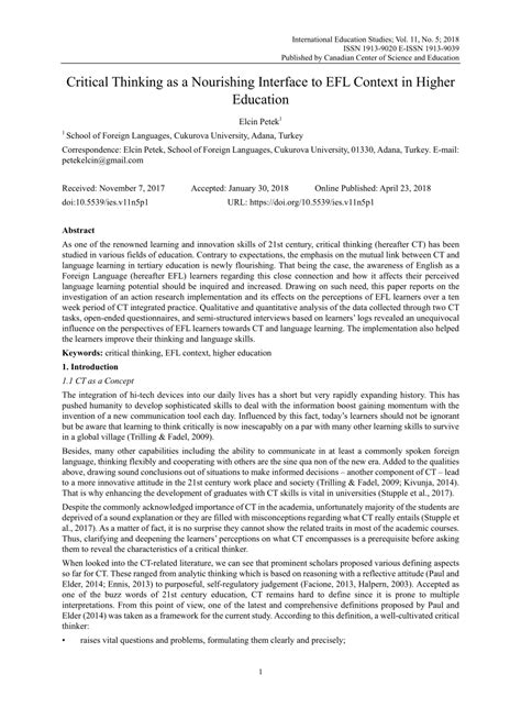 Pdf Critical Thinking As A Nourishing Interface To Efl Context In Higher Education