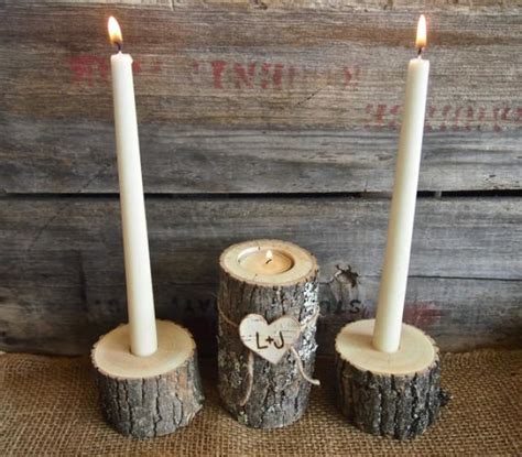 Country BROWN WOODEN Unity Candle Holder Set Tea And Taper Candle Size Natural Rustic Wedding