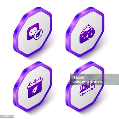 아이소메트릭 전기 콘센트 물레방아 단풍과 쓰레기 트럭 아이콘이 있는 달력을 설정합니다 보라색 육각형 버튼 벡터 0명에 대한 스톡 벡터 아트 및 기타 이미지 Istock