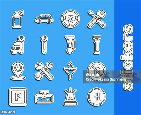 세트 라인 기어 시프터 주차 또는 정지 없음 스티어링 휠 렌치 자동차 서비스 페인트 스프레이 캔 및 차량 아이콘의 신호 경적