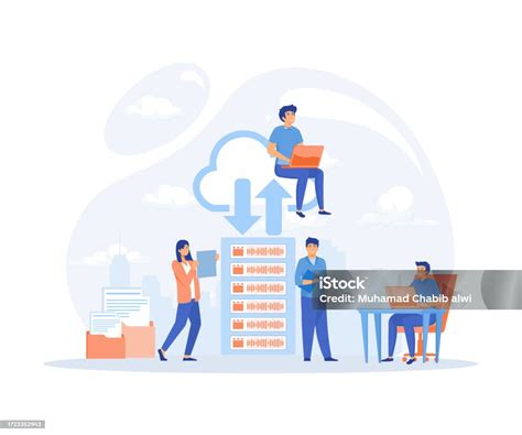 비즈니스 기술 스토리지 클라우드 컴퓨팅 서비스 개념 클라우드에서 작업하는 관리자 팀 플랫 벡터 현대 일러스트레이션 개념에 대한