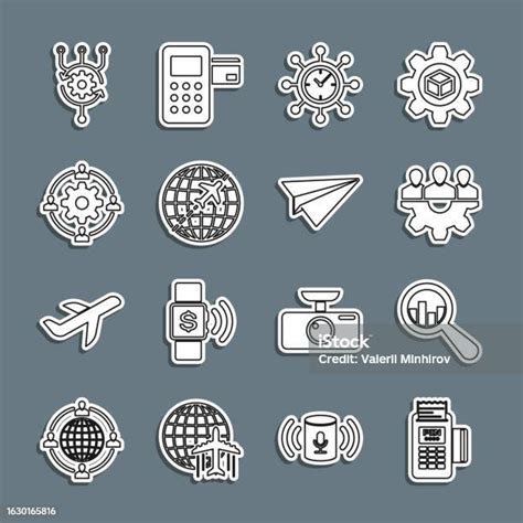 라인 Pos 단말기 돋보기 및 분석 프로젝트 팀 기반 시계 기어 비행 비행기가 있는 지구본 아웃소싱 개념 알고리즘 및 종이 아이콘을 설정합니다 벡터 개발에 대한 스톡 벡터