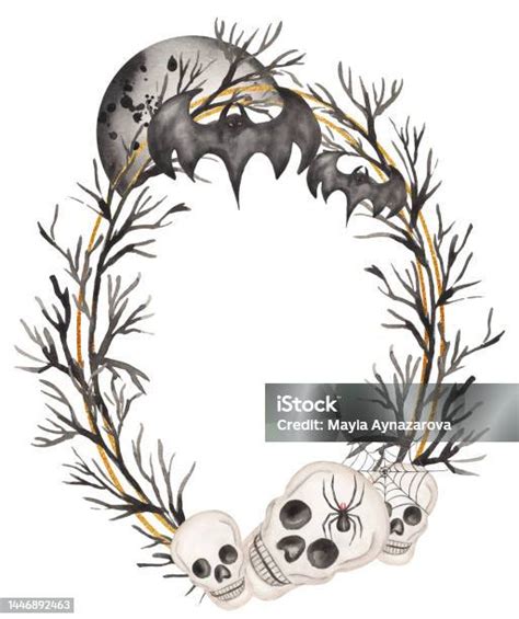 수채화 손으로 그린 할로윈 화환 스컬 그림 박쥐 검은 달 나뭇가지 거미 클립아트가 있는 무서운 파티 프레임 할로윈 기호가 있는 휴일 템플릿 카드입니다 10월에 대한 스톡