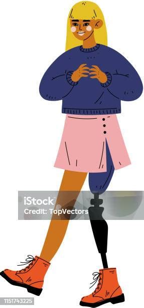 인공 다리 자기 수용 아름다움 다양성 신체 긍정적 인 벡터 일러스트 레이 션을 가진 젊은 여자 건강한 생활방식에 대한 스톡 벡터