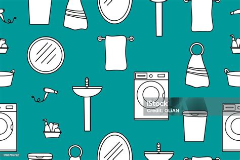 욕조 세탁기 및 목욕 액세서리가 있는 이음매 없는 패턴 낙서 스타일에 벡터 손으로 그린 그림입니다 인쇄 포장지에 이상적입니다 벡터 일러스트 레이 션 가정용 장비에 대한 스톡