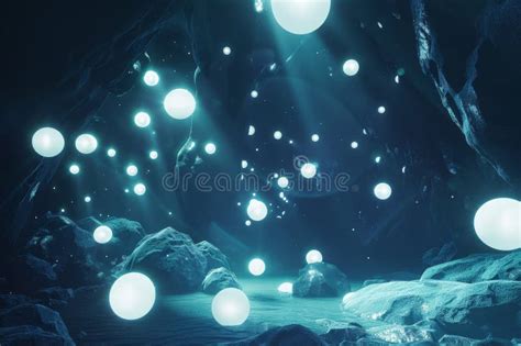 Intriguing Cave Setting With An Abundance Of Glowing Spheres Suspended In The Darkness Floating