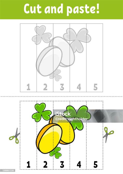 학습 번호 15 잘라 내고 접착제 만화 캐릭터 워크시트를 개발하는 교육 아이들을위한 게임 활동 페이지입니다 색상 격리 된 벡터 그림입니다 성 패트릭의 날 0명에 대한 스톡