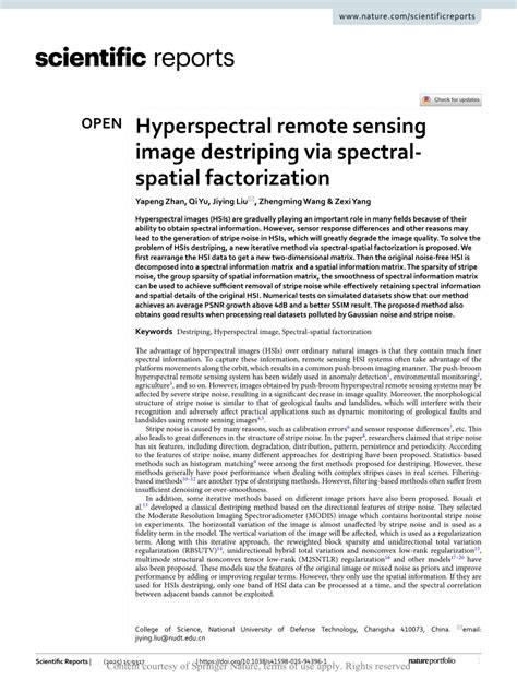 Pdf Hyperspectral Remote Sensing Image Destriping Via Spectral Spatial Factorization