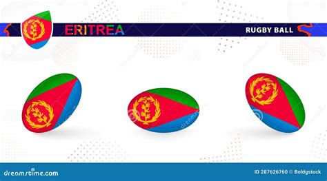 Rugby Ball Set With The Flag Of Eritrea In Various Angles On Abstract Background Stock