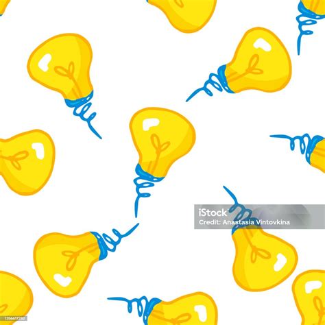 노란색 전구의 패턴입니다 파란색 나선형 베이스와 와이어가 있는 밝은 노란색 둥근 모양의 전구로 만든 손으로 그린 분리된 만화 스타일의 요소는 종종 디자인 템플릿을 위해