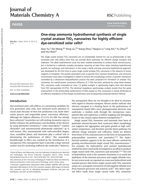 Pdf One Step Ammonia Hydrothermal Synthesis Of Single Crystal Anatase
