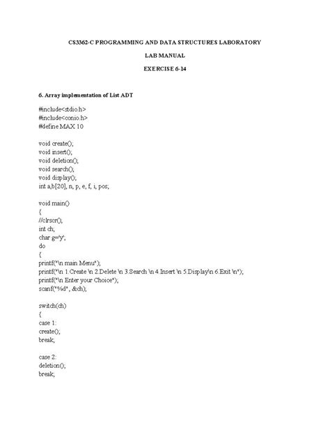 Cs3362 Manual Cs3362 C Programming And Data Structures Laboratory Lab