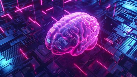 Illuminated Neon Brain On A Circuit Board Backdrop Glowing Brain Symbolizing Artificial