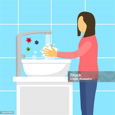 싱크대 개념 벡터 그림에서 그녀의 손을 씻는 여자 비누와 물로 수도꼭지 에서 손을 씻는다 바이러스 및 박테리아 예방 건강 관리
