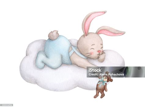 테디 베어 장난감과 함께 구름 위에서 자고있는 아기 토끼 어린이용 일러스트입니다 손으로 그린 수채화입니다 베이비 샤워 생일 어린이 파티 인쇄 초대장 포스터 인사말 카드에 대