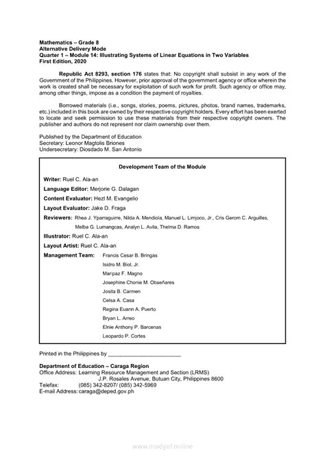 Math 8 Module 14 Illustrating Systems Of Linear Equations In Two Variables Grade 8 Modules