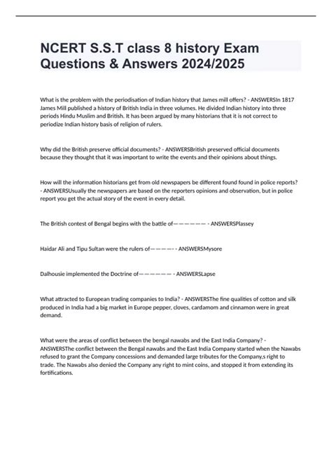 Ncert Sst Class 8 History Exam Questions And Answers 20242025 Ncert Sst Class 8 History