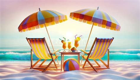 Beach With Sun Umbrellas Folding Chairs A Table With Glasses Of Juice