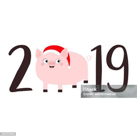 2019 텍스트입니다 산타 모자에 귀여운 뚱뚱한 돼지입니다 핑크 돼지 돼지입니다 행복 한 새 해 Chinise 기호입니다 재미