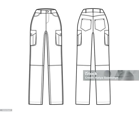 청바지 카고 데님 팬츠 테크니컬 패션 일러스트레이션 통상의 허리 하이라이즈 벨트 루프 전체 길이 0명에 대한 스톡 벡터 아트 및