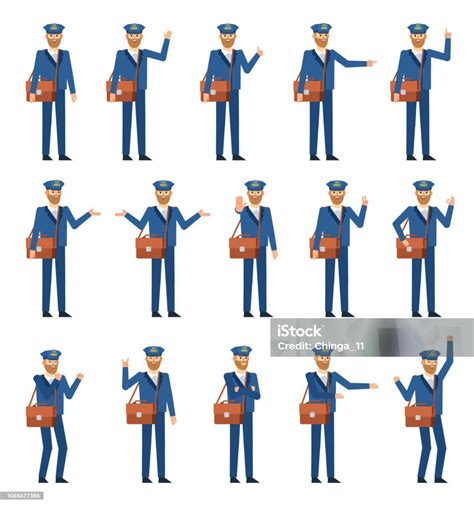 우편 배달 부 문자 보여주는 다양 한 손 제스처 설정 합니다 쾌활 한 우체부 가리키는 인사말 위로 승리 손 엄지와 다른 제스처를