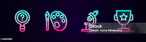 세트 줄 알 수없는 검색 팔레트 현미경 및 수상 컵 페인트 브러시 빛나는 네온 아이콘 벡터 물음표에 대한 스톡 벡터 아트 및