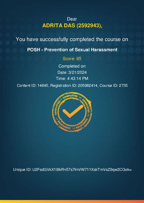 POSH Prevention Of Sexual Harassment Completion Certificate Computer Science SL