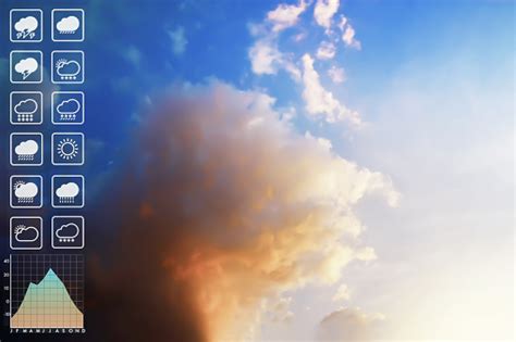 다채로운 황혼 열대 하늘과 부드러운 구름 배경의 극적인 대기 파노라마보기에 그래프와 차트와 일기 예보 기호 데이터 프리젠 테이션