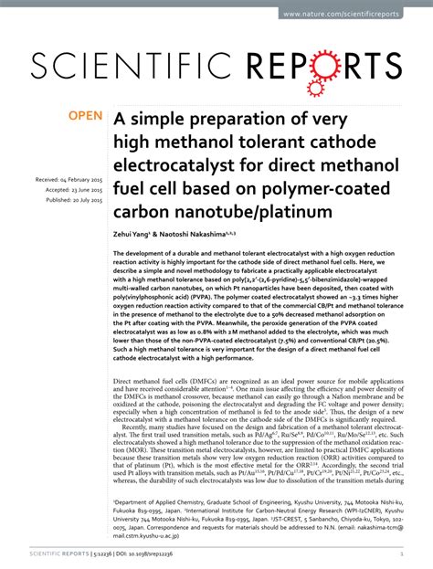 Pdf A Simple Preparation Of Very High Methanol Tolerant Cathode Electrocatalyst For Direct