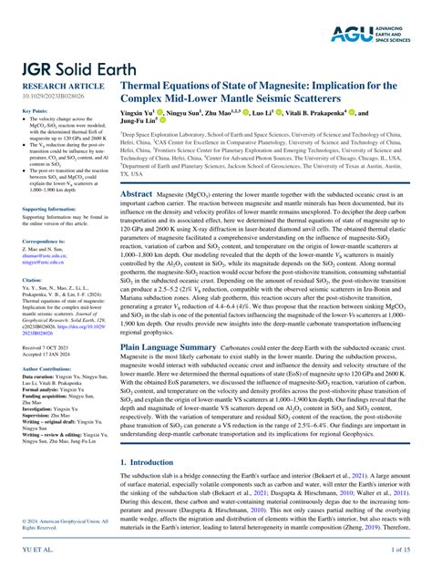 Thermal Equations Of State Of Magnesite Implication For The Complex Mid‐lower Mantle Seismic