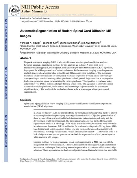 Pdf Automatic Segmentation Of Rodent Spinal Cord Diffusion Mr Images