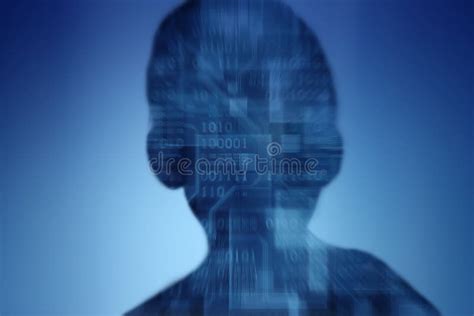 Double Exposure Portrait Combined With Photograph Of Head With Binary Code Stock Illustration