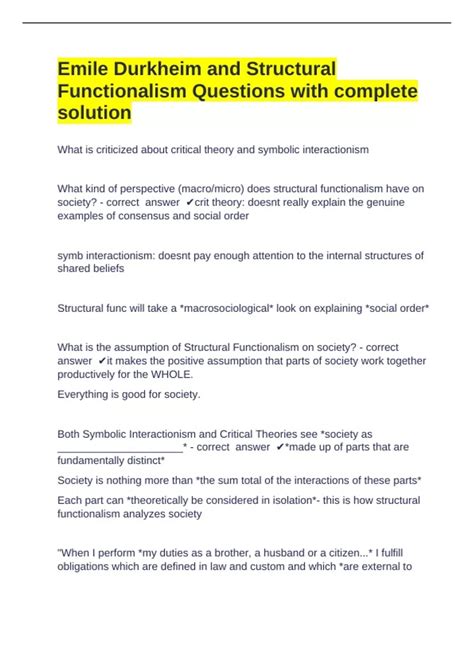 Emile Durkheim And Structural Functionalism Questions With Complete Solution Emile Durkheim