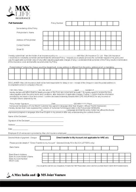 Max Life Insurance Policy Pdf 44287 Surrender Form