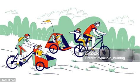 어린이를위한 앞과 뒤 자전거 트레일러에 앉아 아이들과 함께 자전거를 타고 젊은 남자와 여자 문자 공원에서 행복한 가족 승마 헬멧 워킹 트랙에있는 사람들 선형 벡터