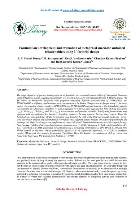Formulation Development And Evaluation Of Metoprolol Succinate Sustained Release Tablets Using