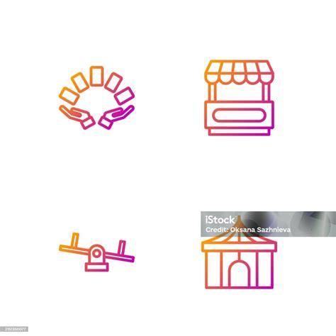 라인 서커스 텐트 시소 핸드 들고있는 카드 놀이 및 패스트 스트리트 푸드 카트를 설정하십시오 그라데이션 색상 아이콘 벡터