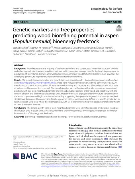 Pdf Genetic Markers And Tree Properties Predicting Wood Biorefining Potential In Aspen