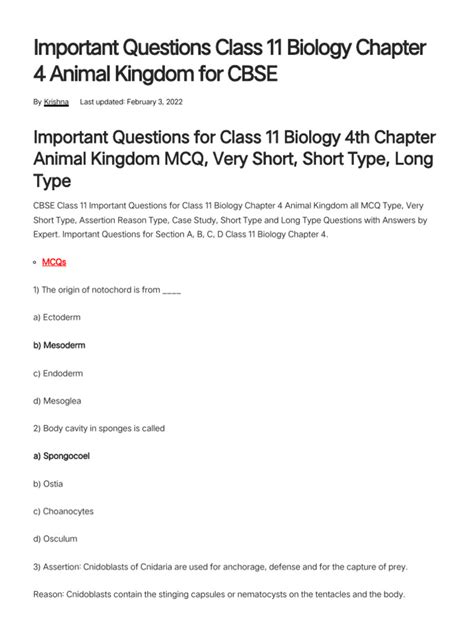 Important Questions Class 11 Biology Chapter 4 Animal Kingdom For