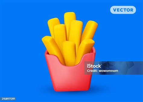 파란 색 배경에 감자 튀김의 현실적인 전체 빨간 팩의 벡터 그림입니다 그림자가 있는 감자 튀김 패킷의 3d 스타일 만화 디자인 포장된 패스트푸드 0명에 대한 스톡 벡터 아트