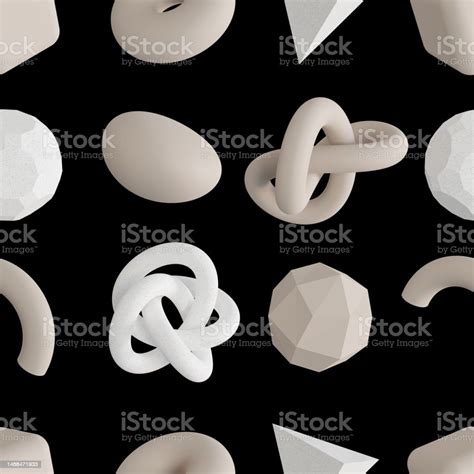 검은 배경에 추상 베이지색과 흰색 3d 모양이 있는 매끄러운 패턴 인쇄 섬유 포장지를위한 현대적인 디자인 트렌디하고 미래 지향적 인 요소 3d 렌더링 벽지 샘플에 대한 스톡