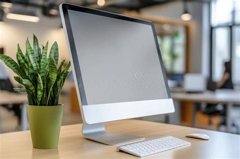 Modern Office Workspace With Computer And Plant Stock Illustration