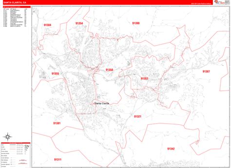Santa Clarita California Zip Code Wall Map Red Line Style By