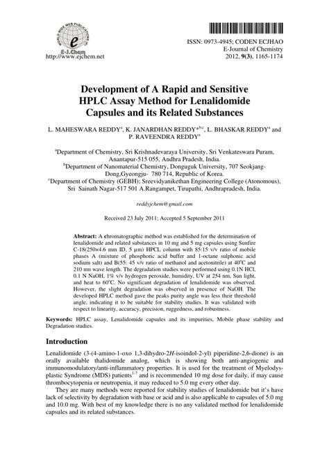 Pdf Development Of A Rapid And Sensitive Hplc Assay Method For Lenalidomide Capsules And Its