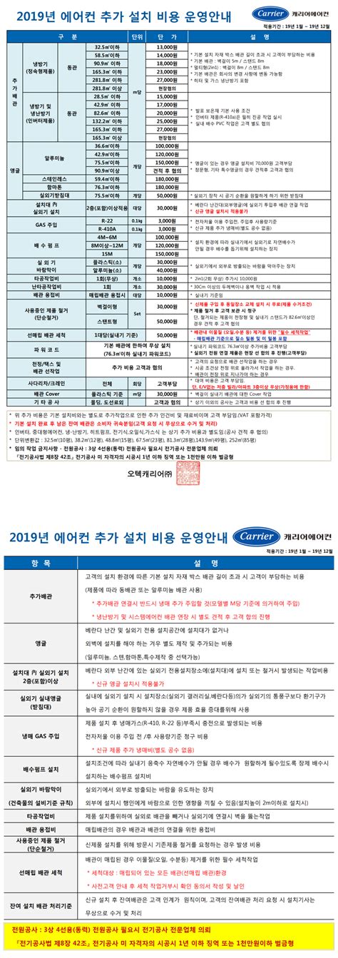 [캐리어] 에어컨 설치 비용 안내 천장형 뉴비스
