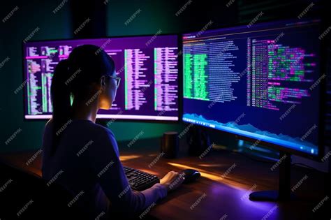 Premium Photo Female Programmer Coding On Desktop Computer With Six