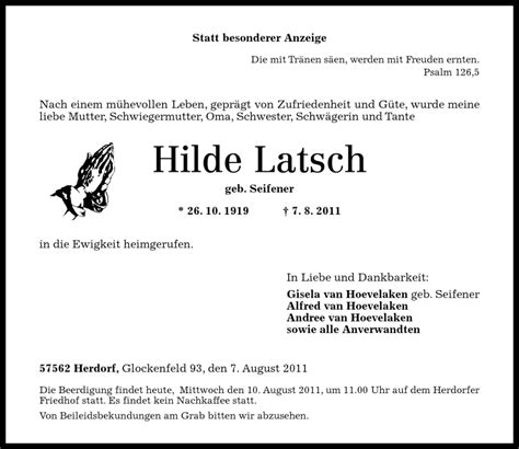 Traueranzeigen Von Hilde Latsch Rz Trauer De