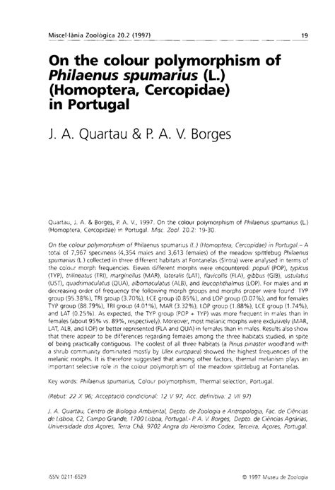 Pdf On The Colour Polymorphism Of Philaenus Spumarius L Homoptera