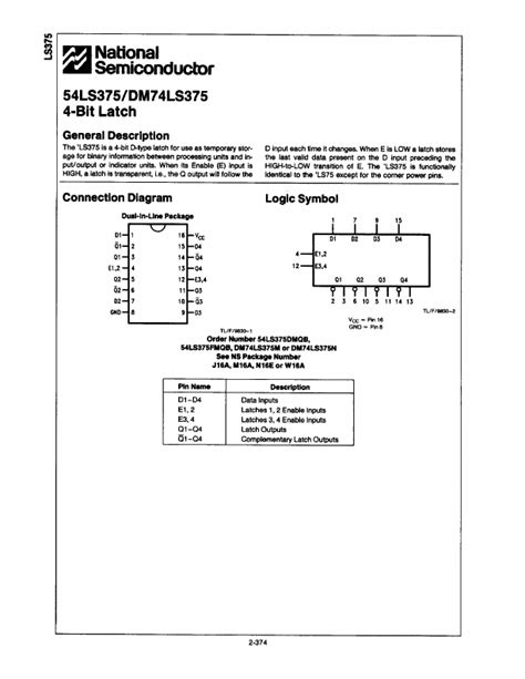 74ls375 Datasheet 4 Bit Latch National Semiconductor