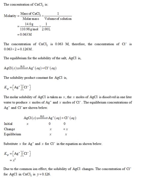 Calculate The Molar Solubility Of Agcl In A 2 00−l Solution Containing 14 0 G Of Dissolved Cacl2